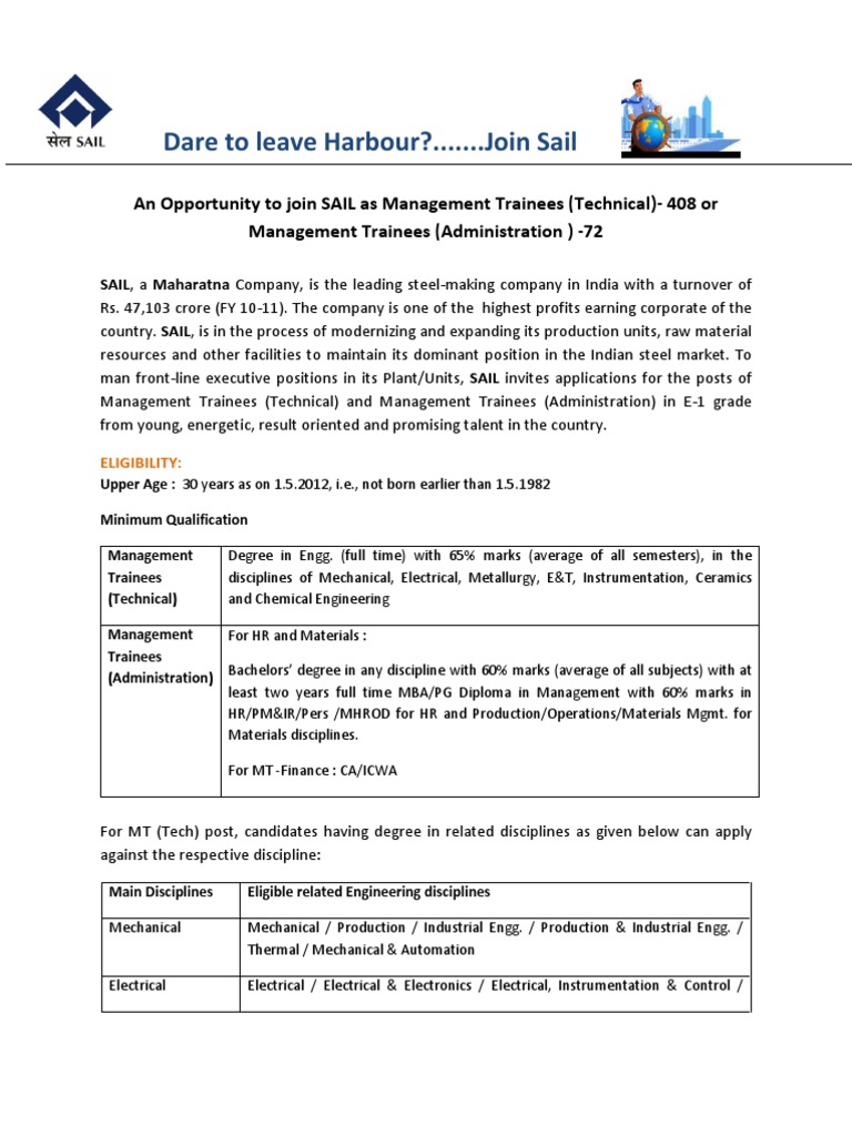 SAIL Management Trainee - Full Advertisement | PDF | Business