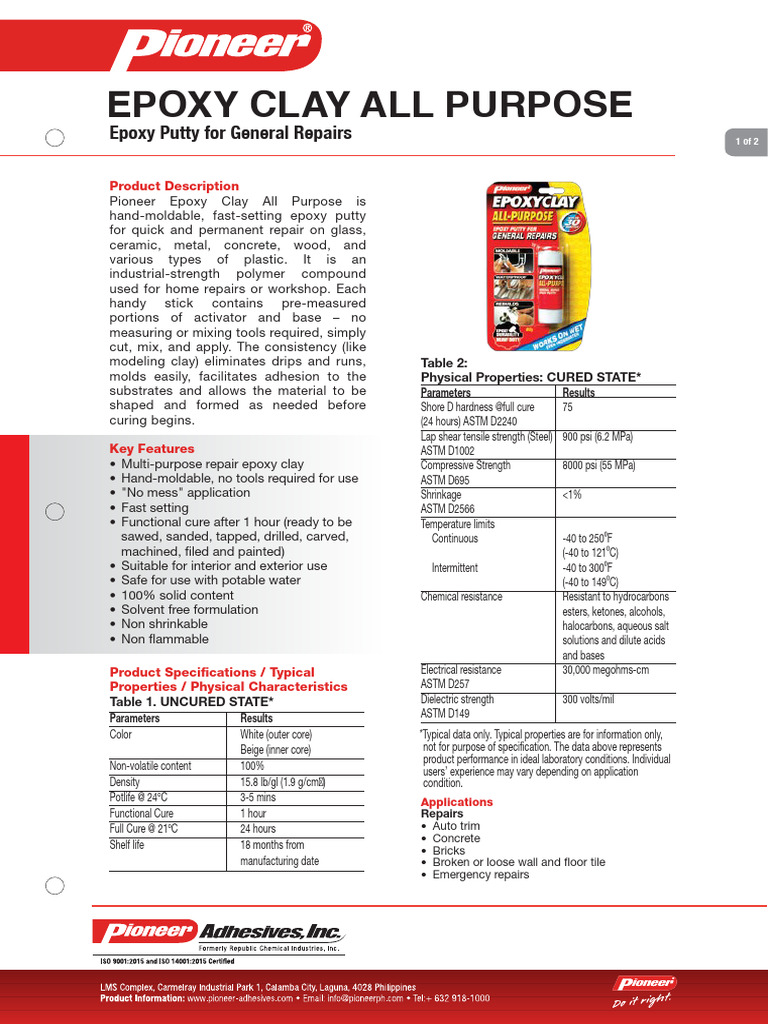 TDS Pioneer EpoxyClay All Purpose 022019 | PDF | Epoxy | Strength Of ...