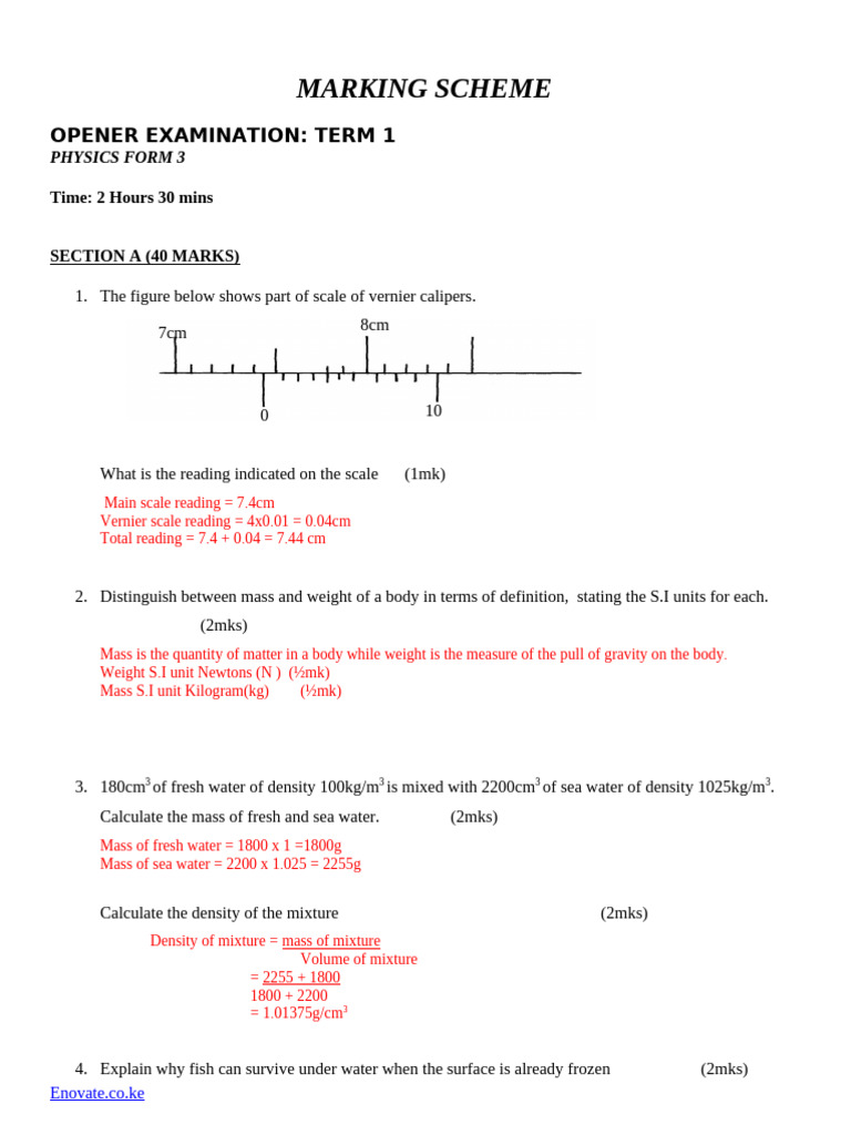 Physics Form 3 Term 1 Exam Marking Scheme | PDF | Waves | Force