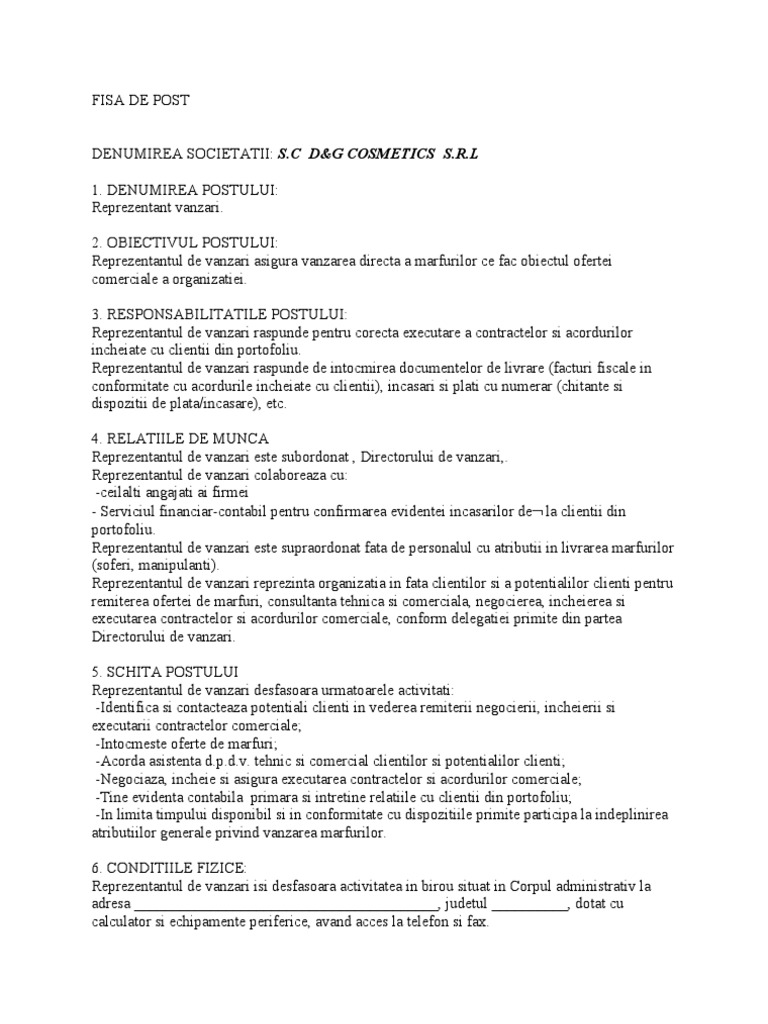 Fisa Postului Agent Vanzari | PDF