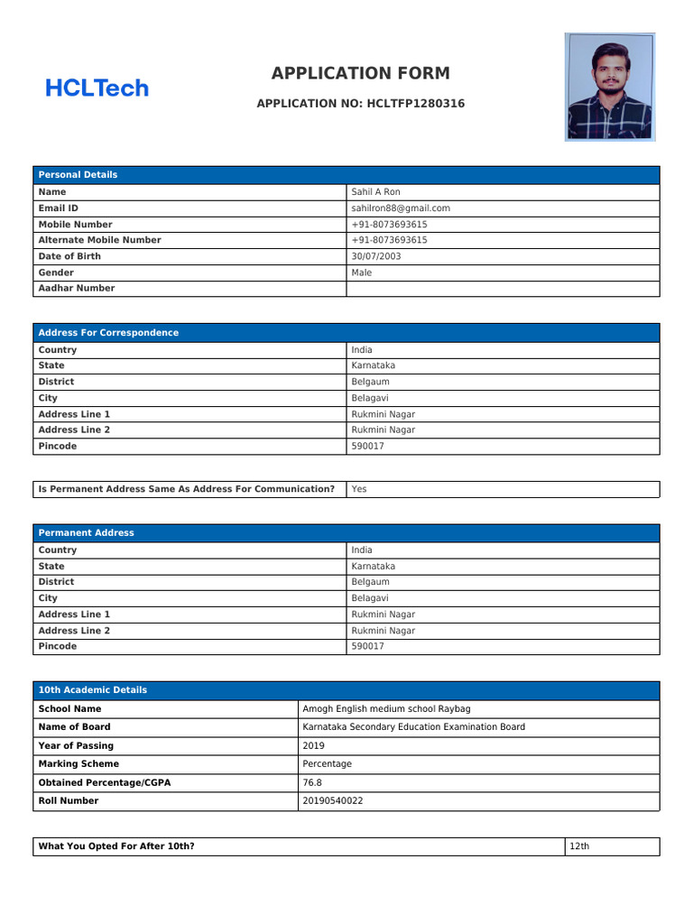 HCLTech Application Form for Sahil Ron | PDF | Certification