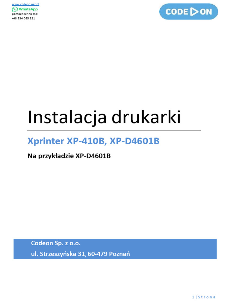 CODEON - Instrukcja Instalacji Drukarki X-Printer XP-D4601B, XP-410b W ...