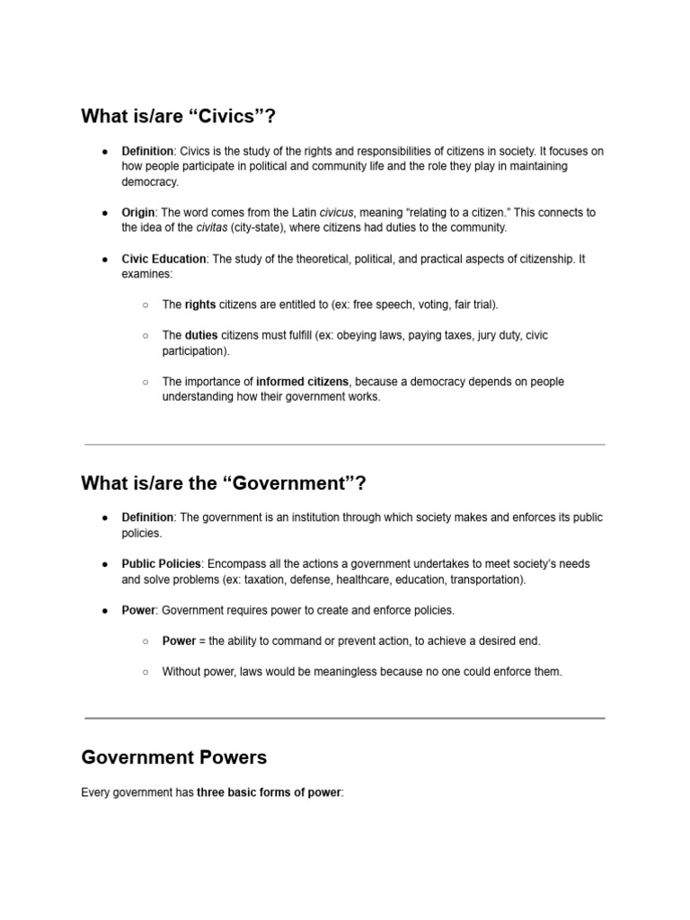 Civics Unit 1 Notes 10A | PDF | Separation Of Powers | Citizenship