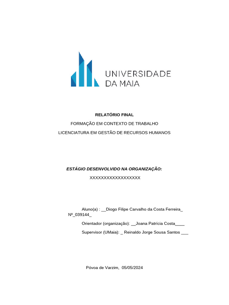 MODELO DE RELATÓRIO - FINAL - Estagio - Lic GRH - Diogo - Ferreira | PDF | Gestão de recursos ...