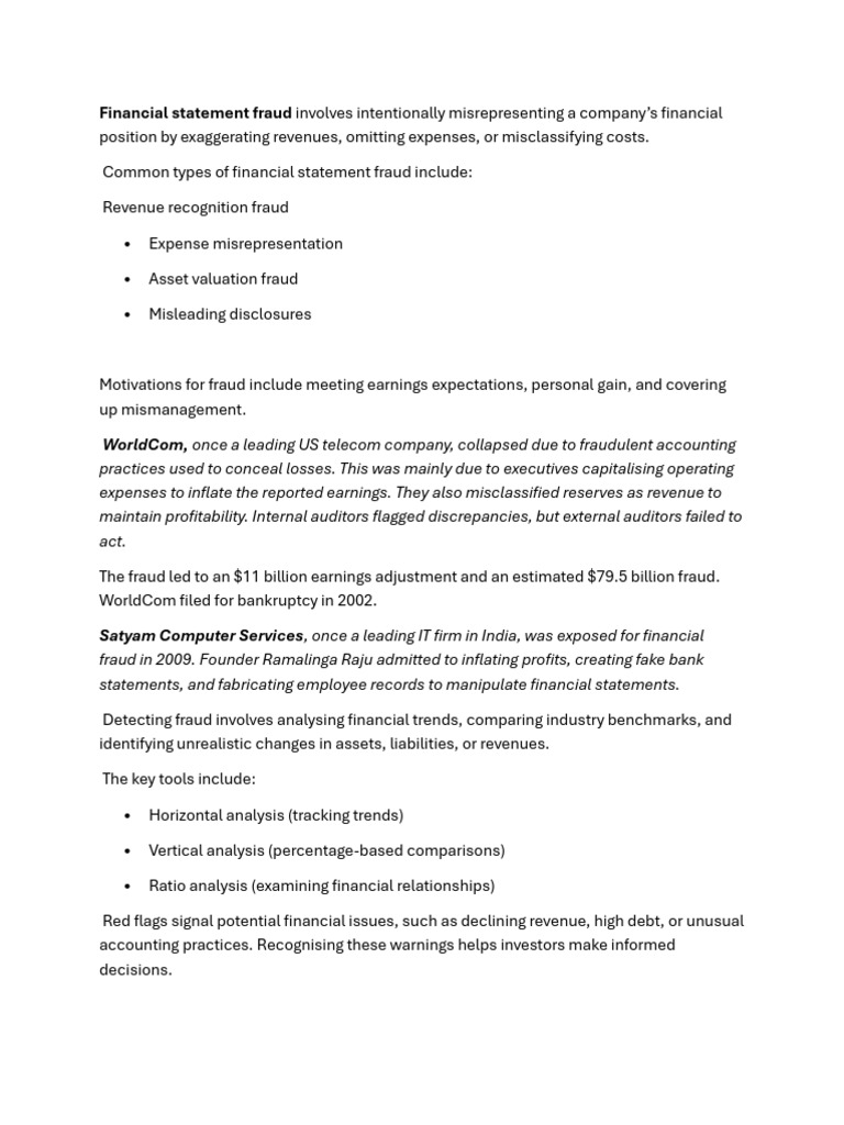 Financial Statement Fraud Involves Intentionally Misrepresenting A ...