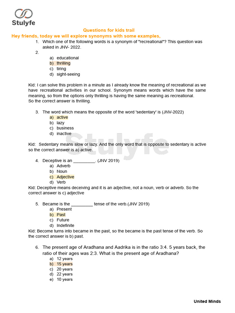 SAAP Questions For Kids Trail | PDF | Verb | Adjective