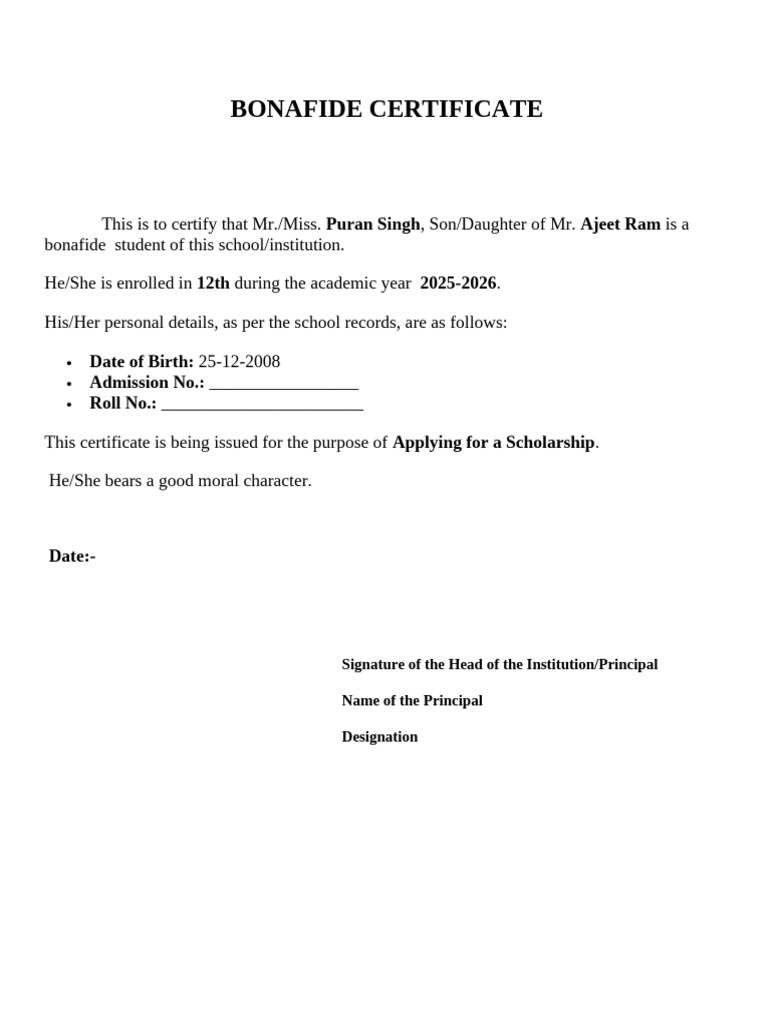 Bonafide Certificate for 12th Grade 2025-26 | PDF