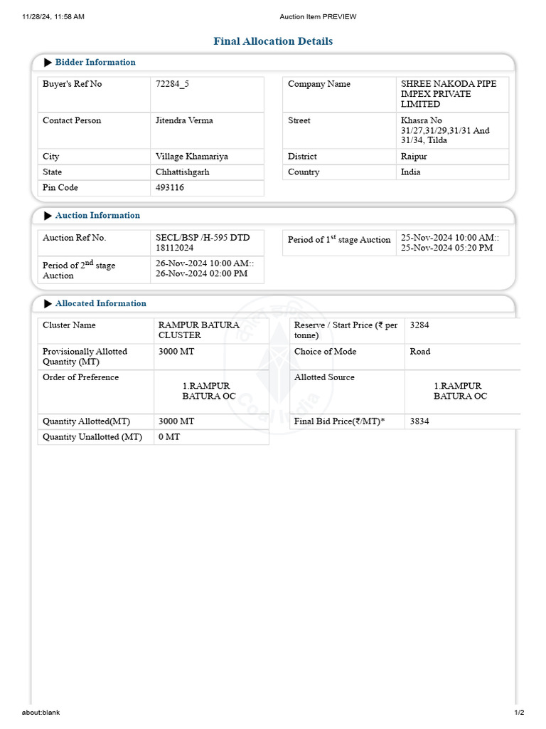 Final Allocation Letter Rampur Bhatura Oc 25-11-2024 3000 MT | PDF ...