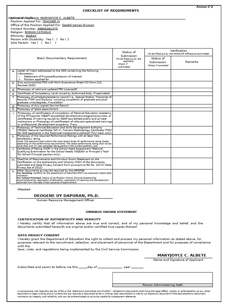 Annex C Checklist of Requirements and Omnibus Sworn Statement 1 | PDF