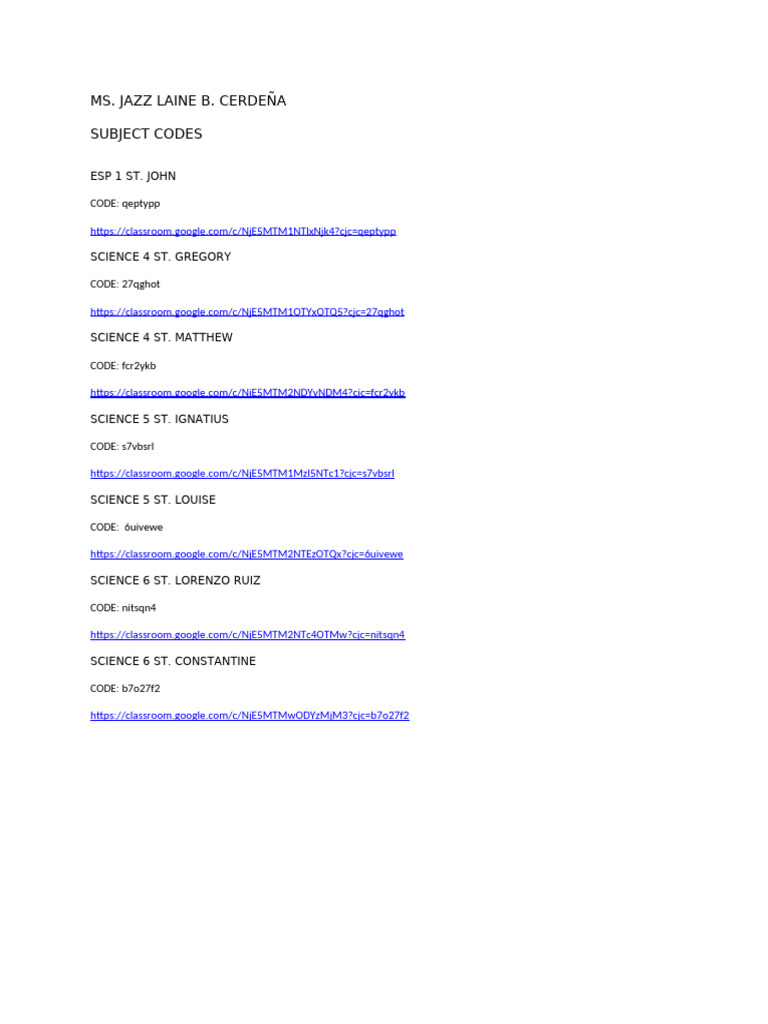 Classroom Codes for Science Subjects | PDF
