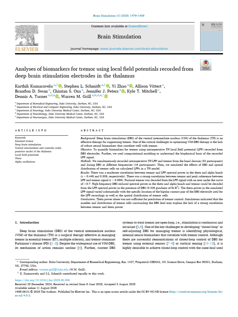 Analyses of Biomarkers For Tremor Using Local Field Potentials Recorded ...