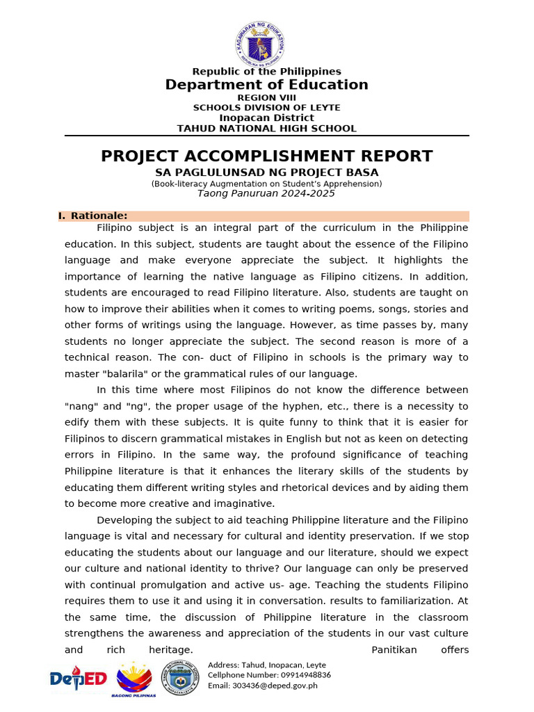 Accomplishment Report On Project Basa Implementation 2024-2025 | PDF ...