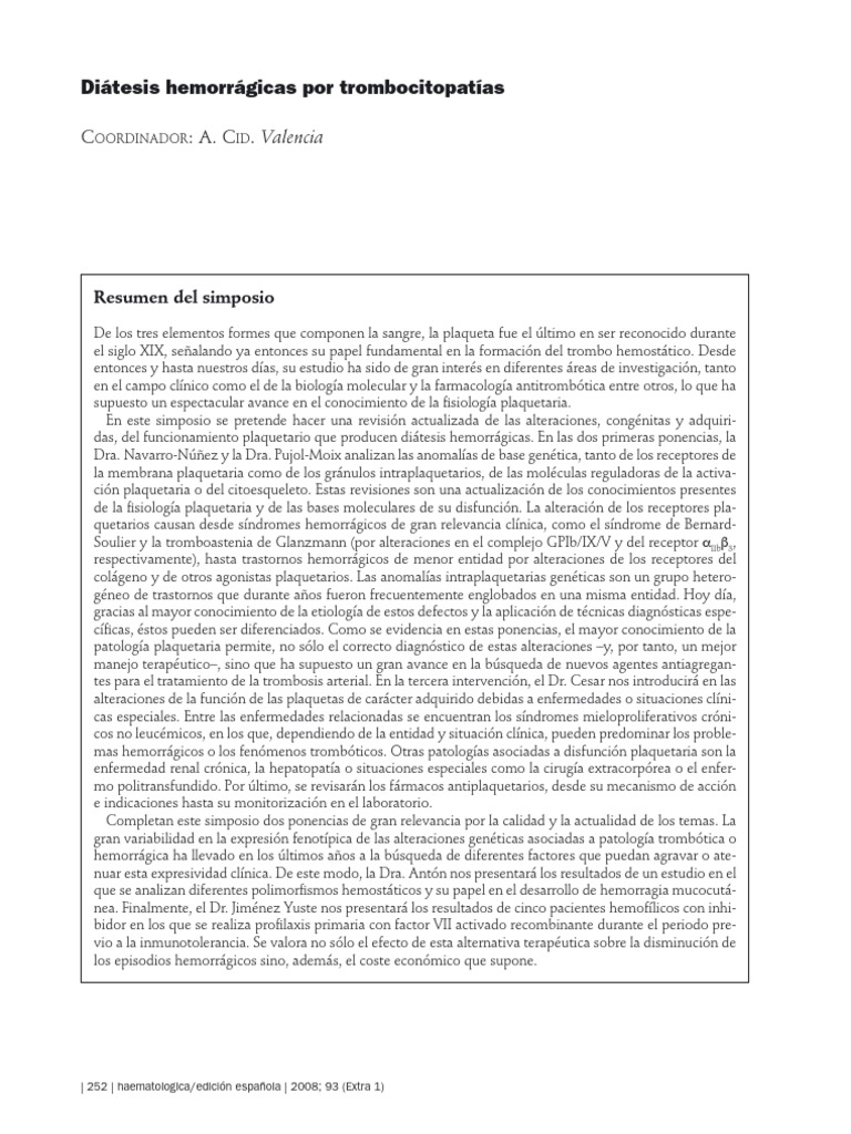 Diátesis Hemorrágicas Trombocitopatias | PDF | Plaqueta | Hemostasia