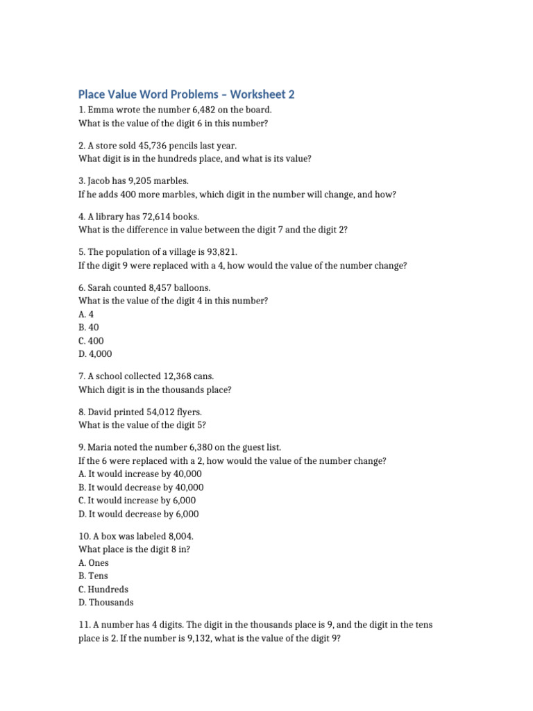 Place Value Word Problems Worksheet 2 | PDF | Chess | Chess Theory