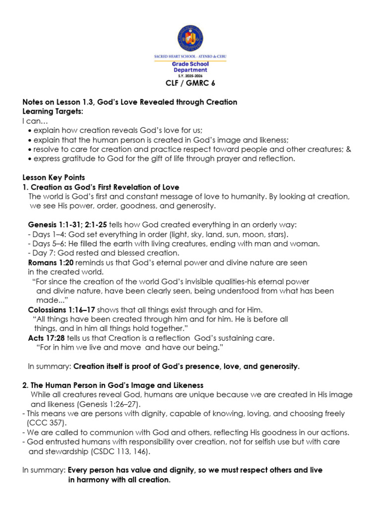 Lesson 1.3 Notes, God's Love Revealed in Creation - Canisius | PDF ...