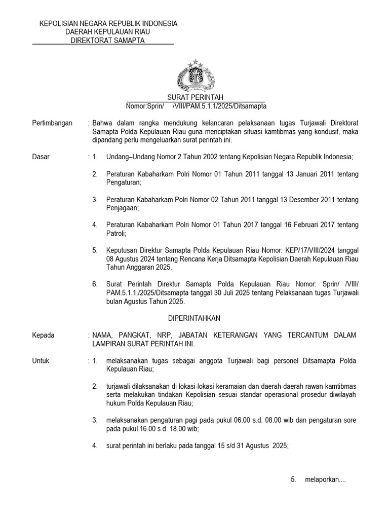 Sprin Revisi Turjawali Sinergitas Bulan Agustus 2025. | PDF