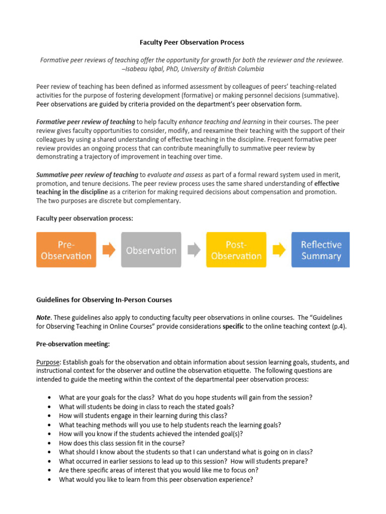 Peer Observation Process Vital 092420 | PDF | Educational Technology ...