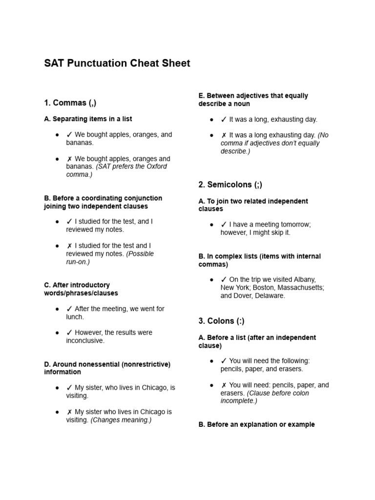 SAT Punctuation Cheat Sheet | PDF | Comma | Linguistics