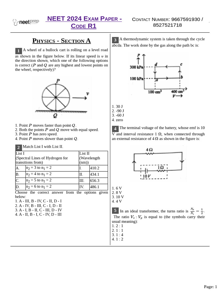 NEET 2024 Physics Exam Questions | PDF | Physical Sciences | Physical ...
