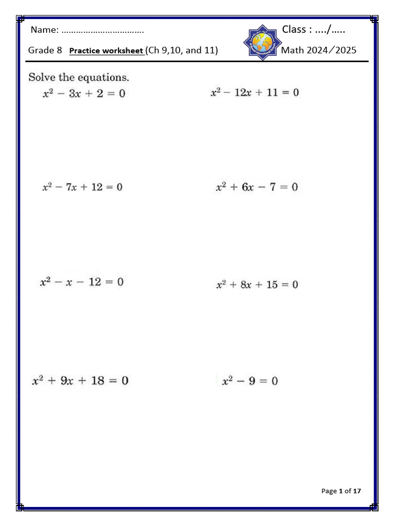 Grade 8 Math Practice Worksheet | PDF