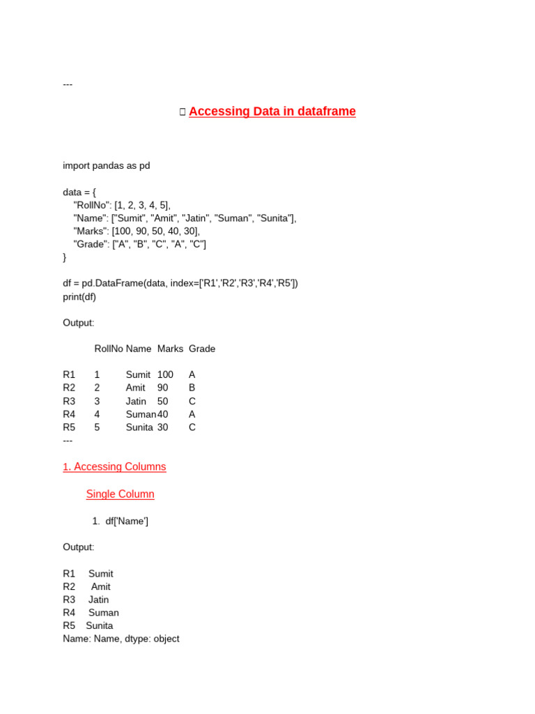 Accessing Elements in Dataframe | PDF | Computer Programming | Software Engineering