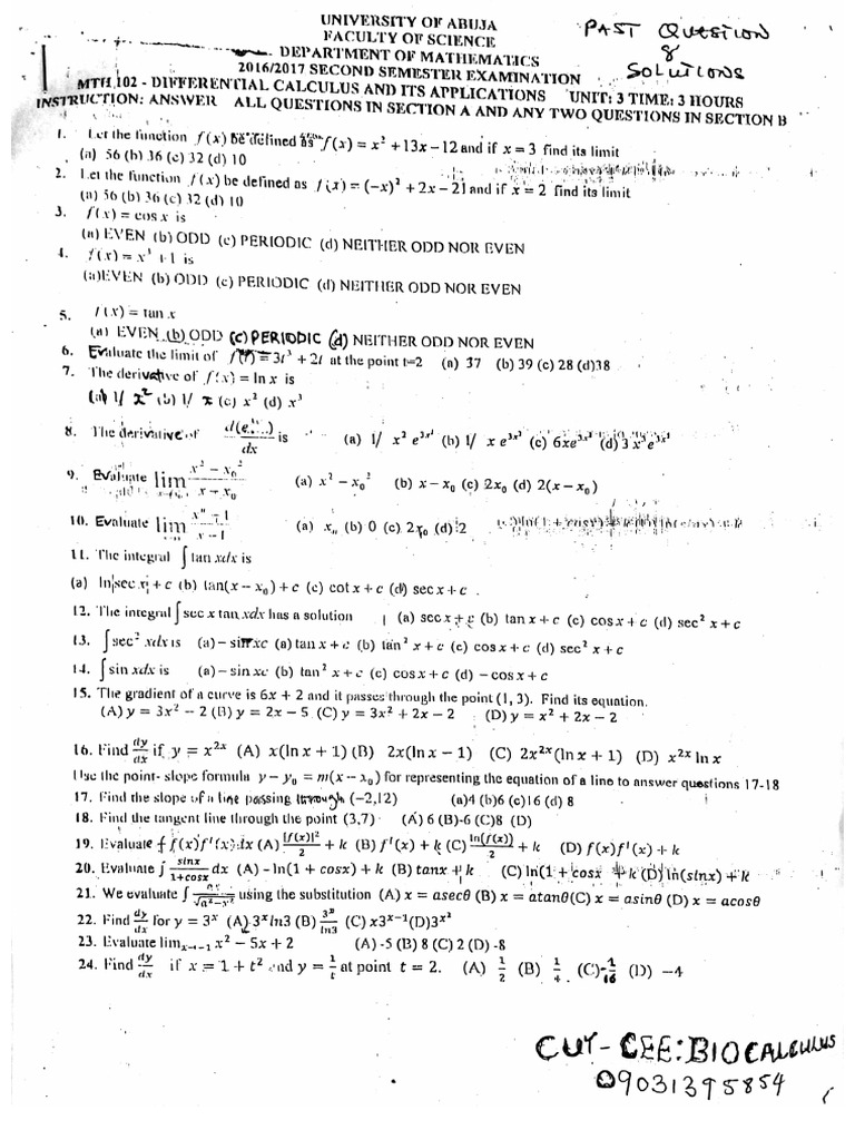 MTH 102 Past Questions Answer | PDF