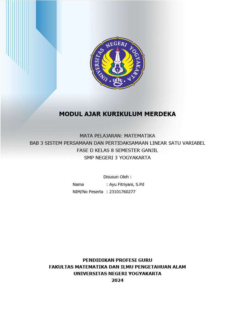 Modul Ajar Persamaan Linear Satu Variabel | PDF