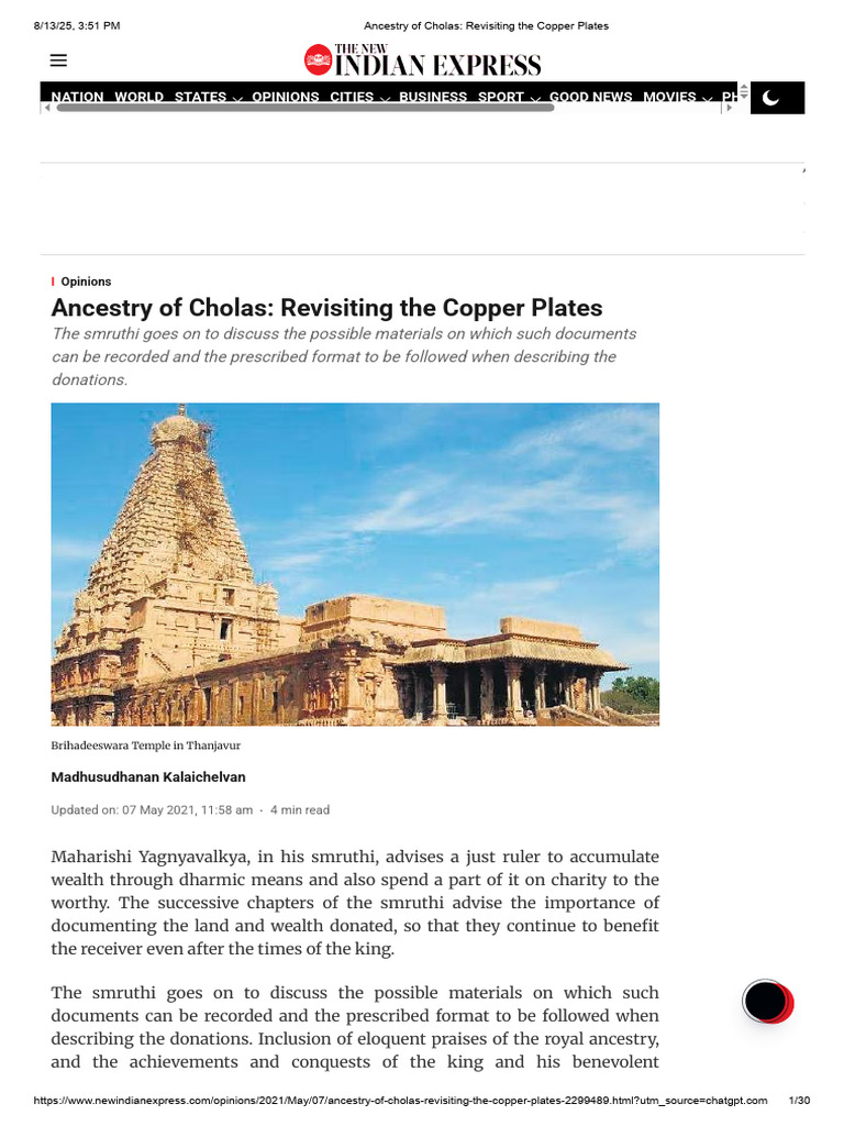 Ancestry of Cholas - Revisiting The Copper Plates | PDF | Tariff ...