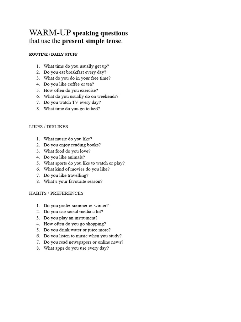 Present Simple Speaking Warm-Ups | PDF