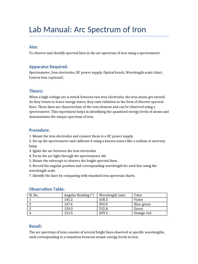 Arc Spectrum Analysis of Iron | PDF