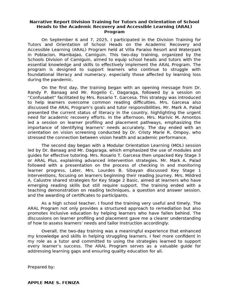 Narrative Report On ARAL | PDF | Learning | Pedagogy