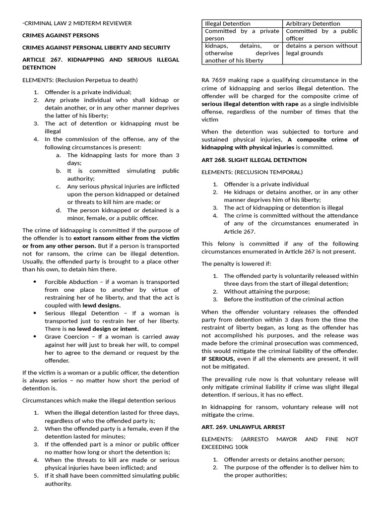 Criminal Law 2 Midterm Reviewer | PDF | Crimes | Crime & Violence