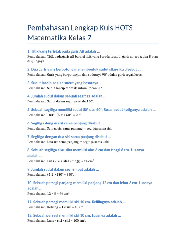 Kuis HOTS Matematika Kelas 7 | PDF