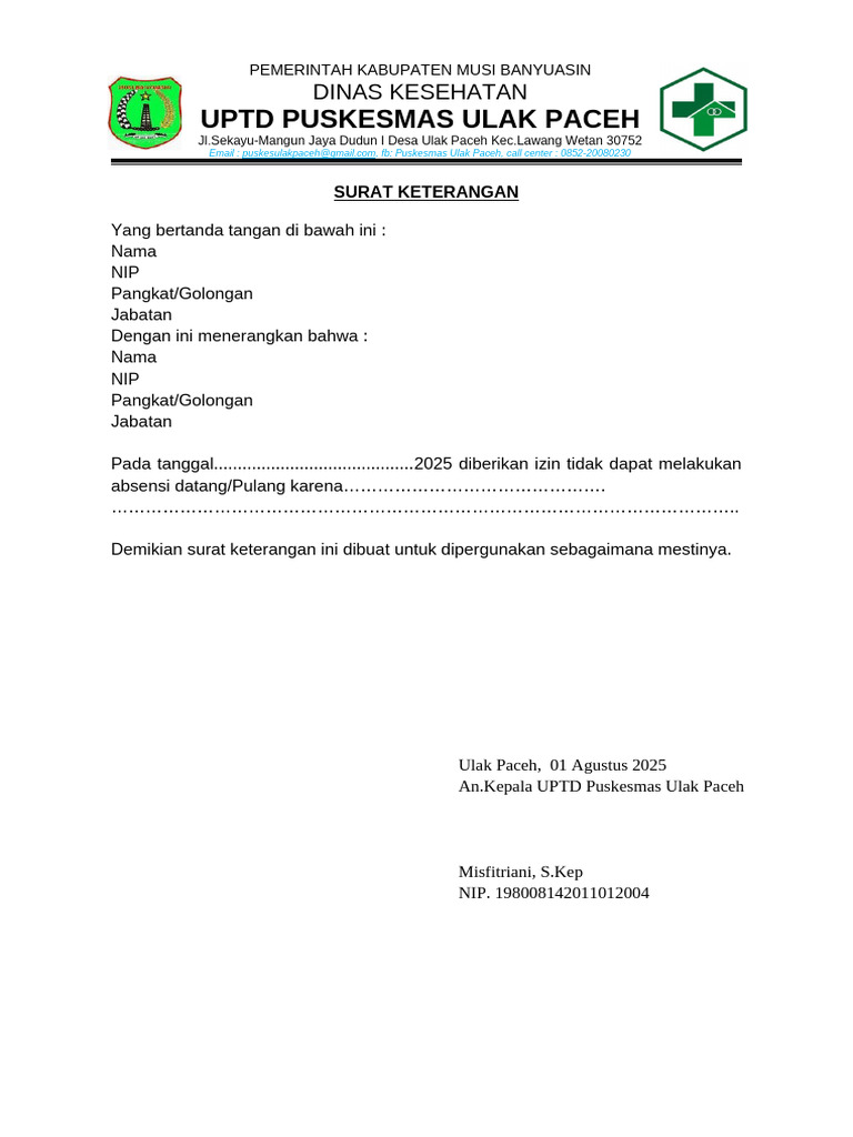 Contoh Surat Keterangan Lupa Absen | PDF