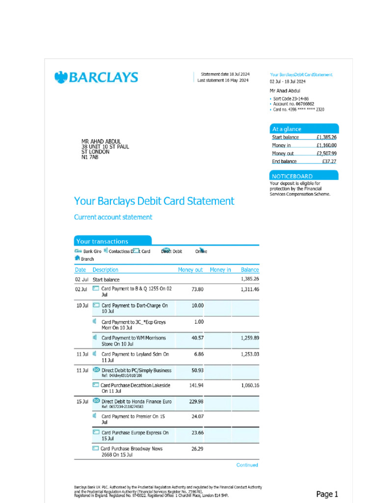 Bank Statement-Barclays Bank | PDF