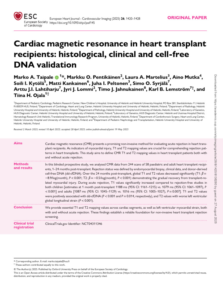 Cardiac Magnetic Resonance in Heart Transplant Recipients Histological ...