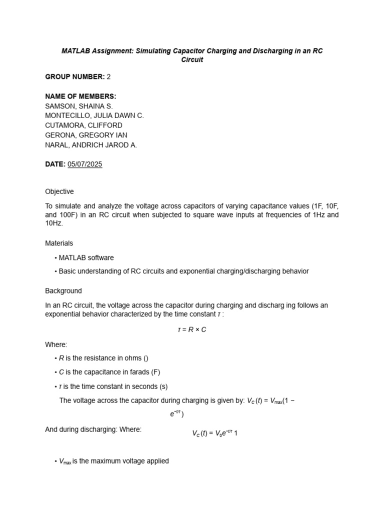 Assignment MATLAB | PDF | Capacitor | Capacitance