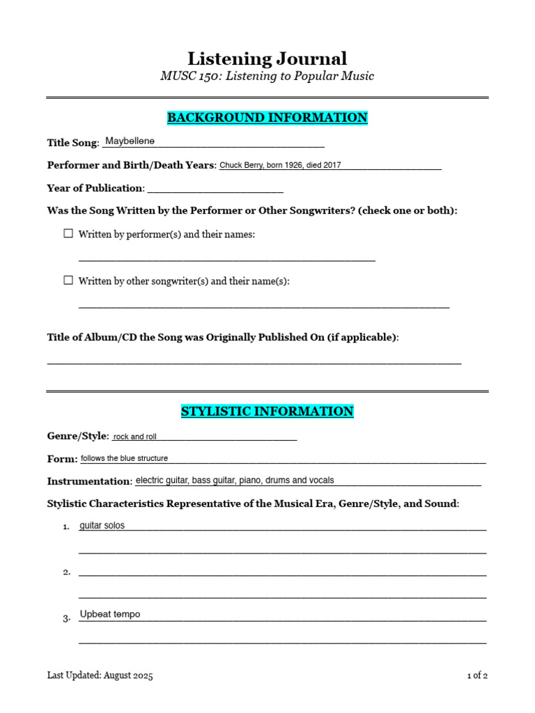 PopMusic Listening Journal 1 | PDF | Songs | Rock And Roll