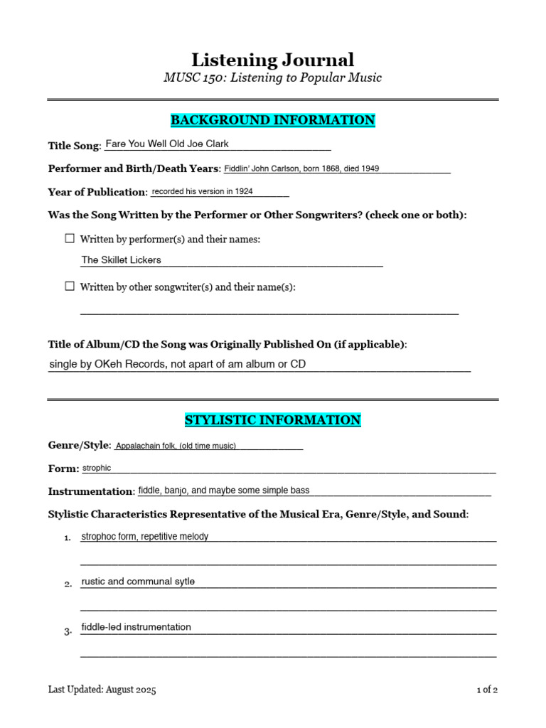 PopMusic ListeningJournal 2 | PDF | Songs | Musicology