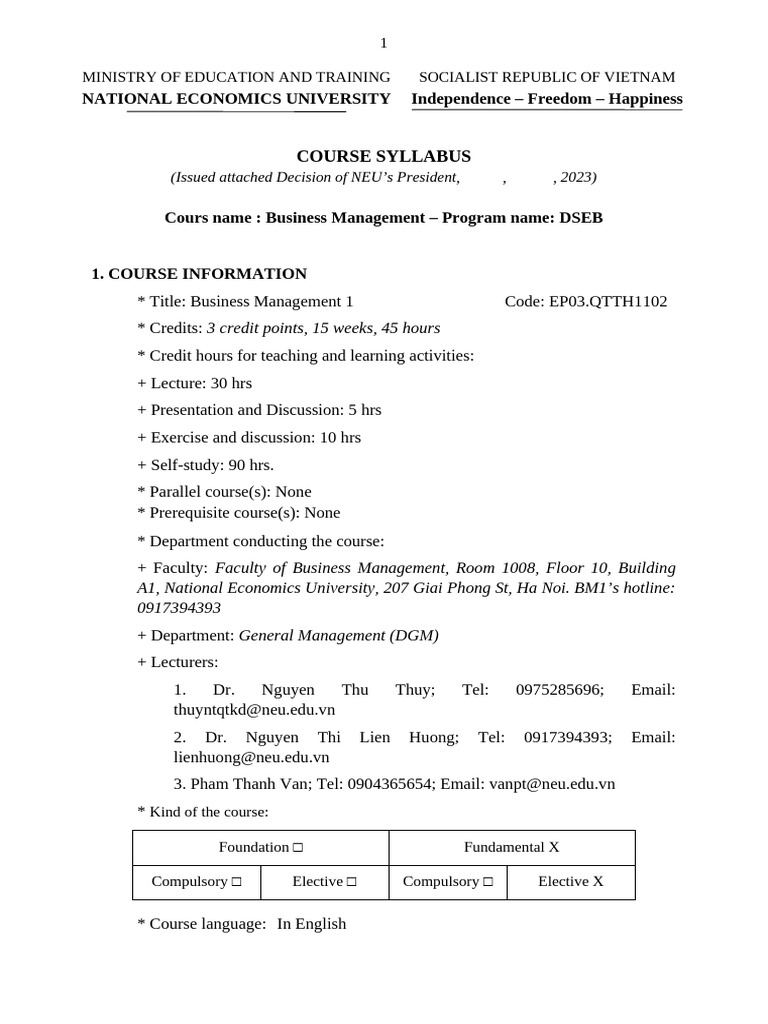 Business Management Course Syllabus | PDF | Economics | Marketing