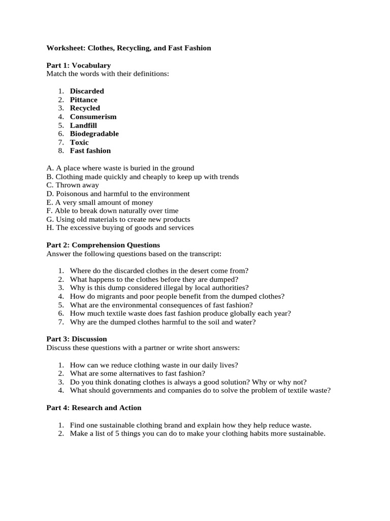 Worksheet: Clothes, Recycling, and Fast Fashion Part 1: Vocabulary | PDF