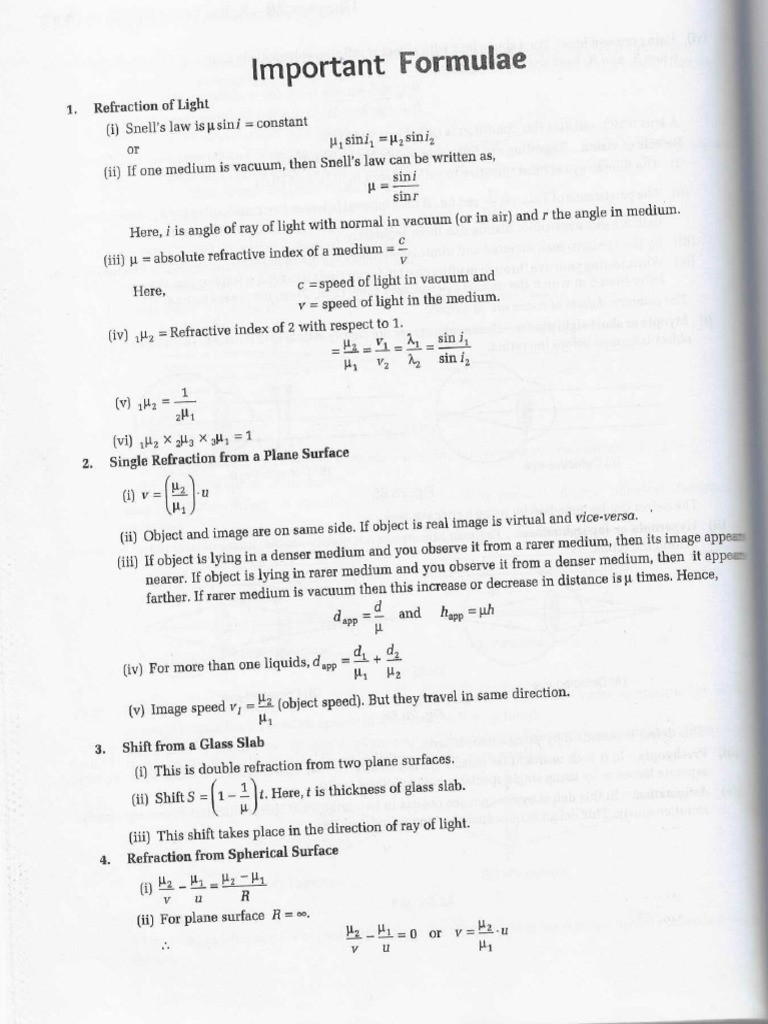 Refraction Formula Sheet | PDF