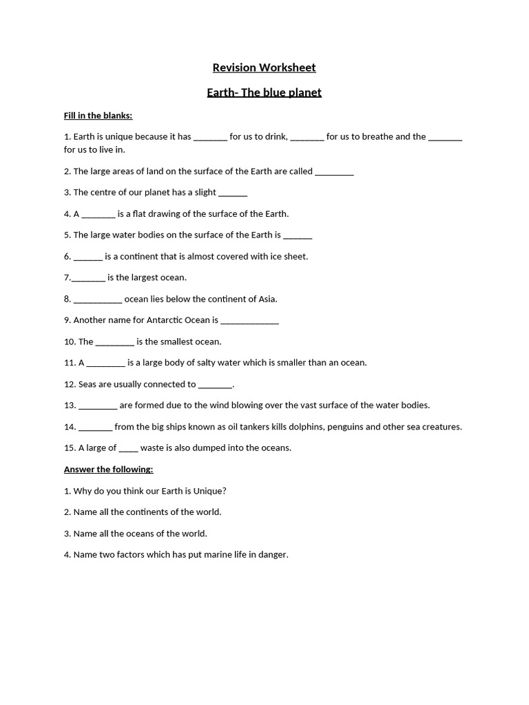 Earth: The Blue Planet Worksheet | PDF
