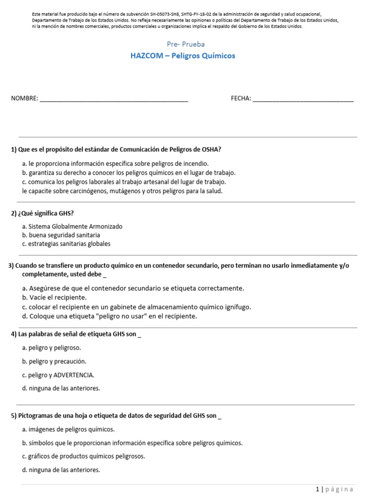 Pre-Prueba HAZCOM sobre Peligros Químicos | PDF | Administración de ...