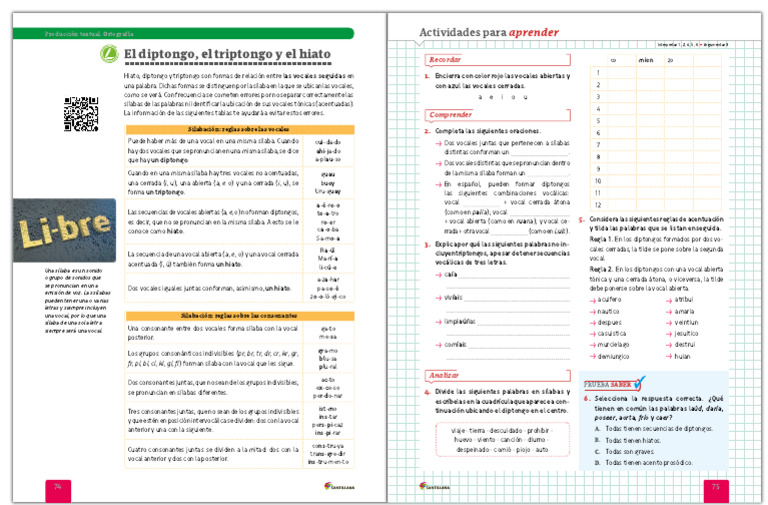 El Diptongo, El Triptongo y El Hiato Libro Santillana | PDF | Vocal ...