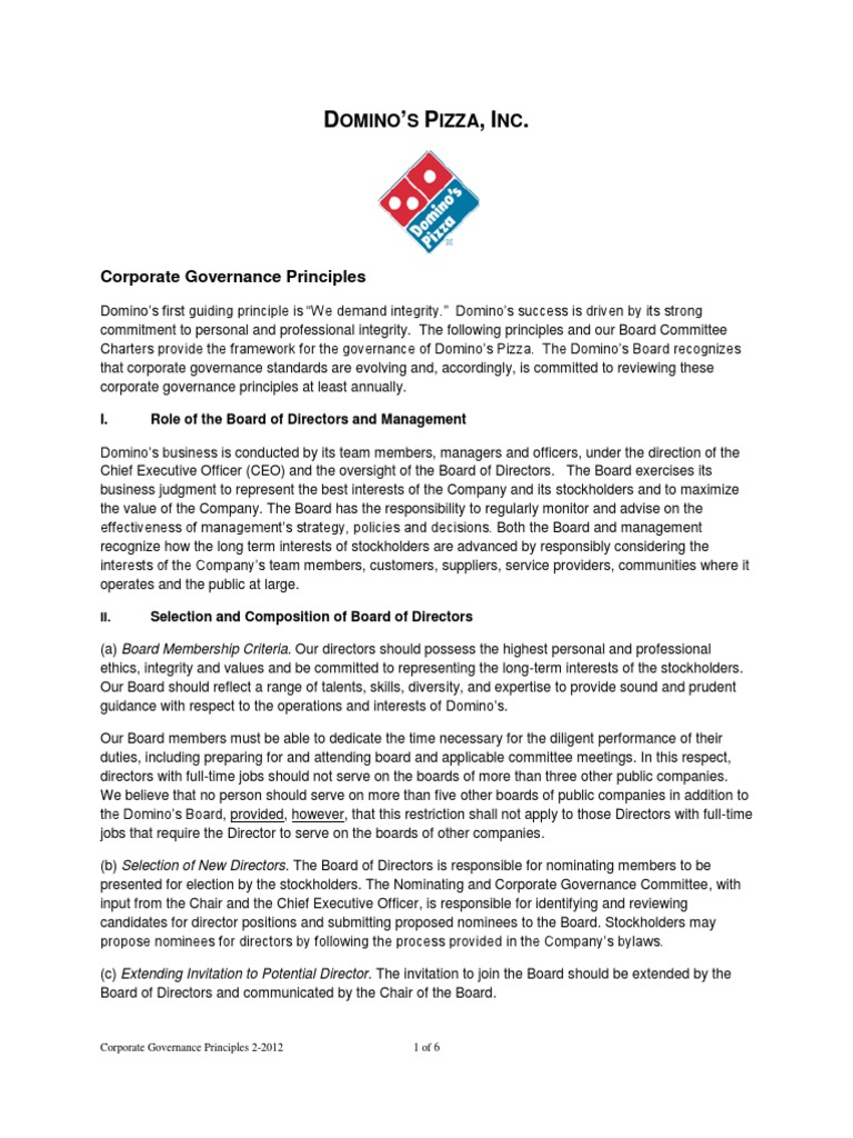 Domino's Pizza Inc Corporate Governance Principles For 2012 | PDF ...