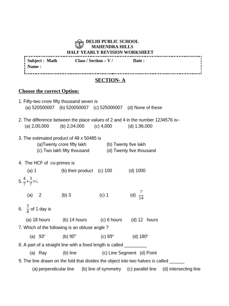 Class - 5 Math Half Yearly Revision Worksheet 2025-26 | PDF | Mathematics