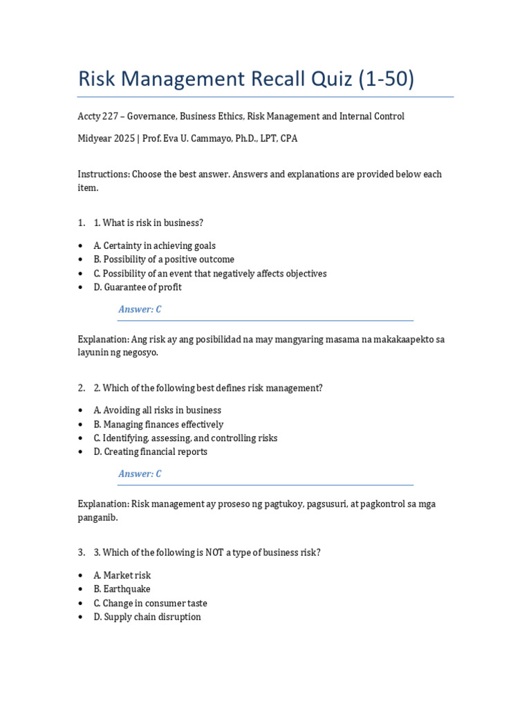 Risk Management Quiz 1 To 50 | PDF | Risk Management | Risk
