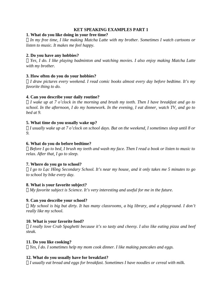 KET Speaking Practice Examples | PDF