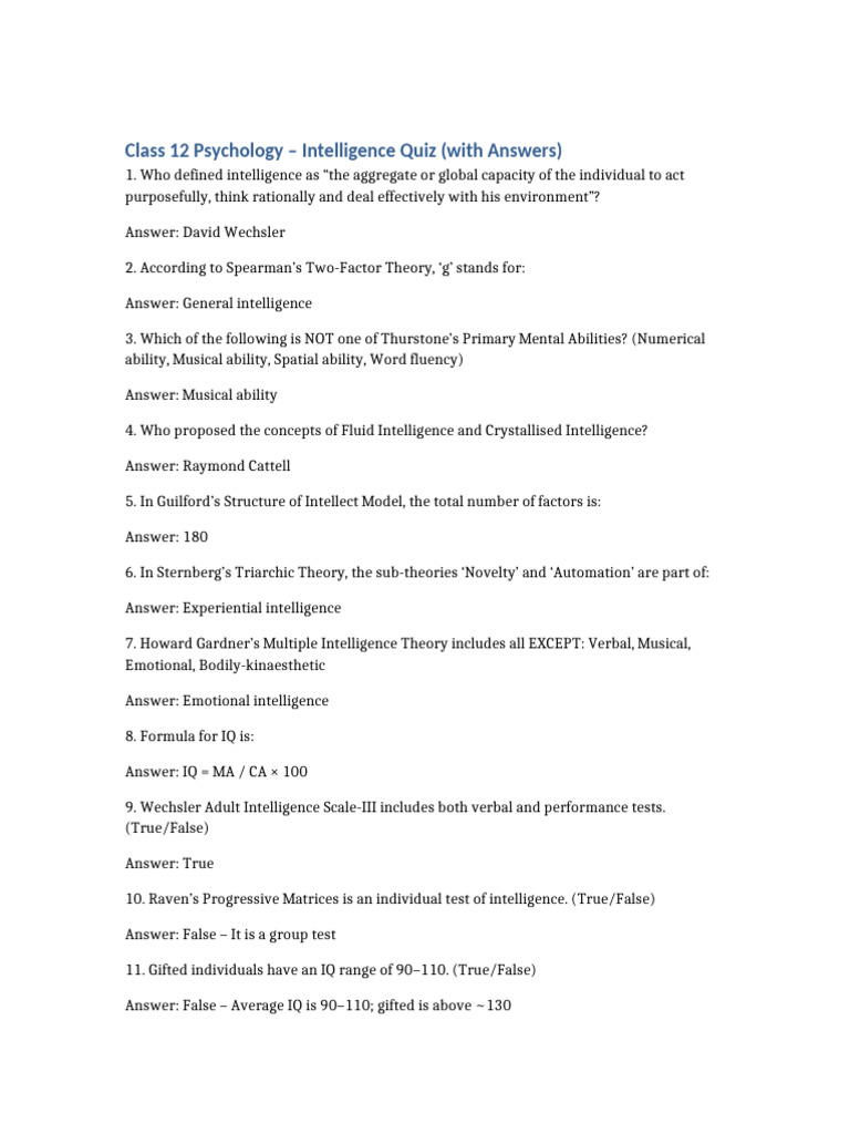Intelligence Quiz Class12 | PDF